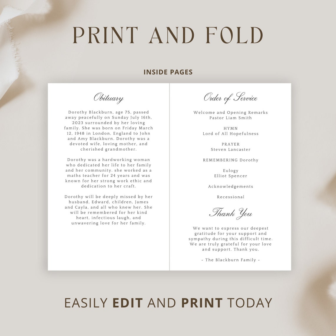 Unique Funeral Program Template, Printable Obituary Template, Editable ...