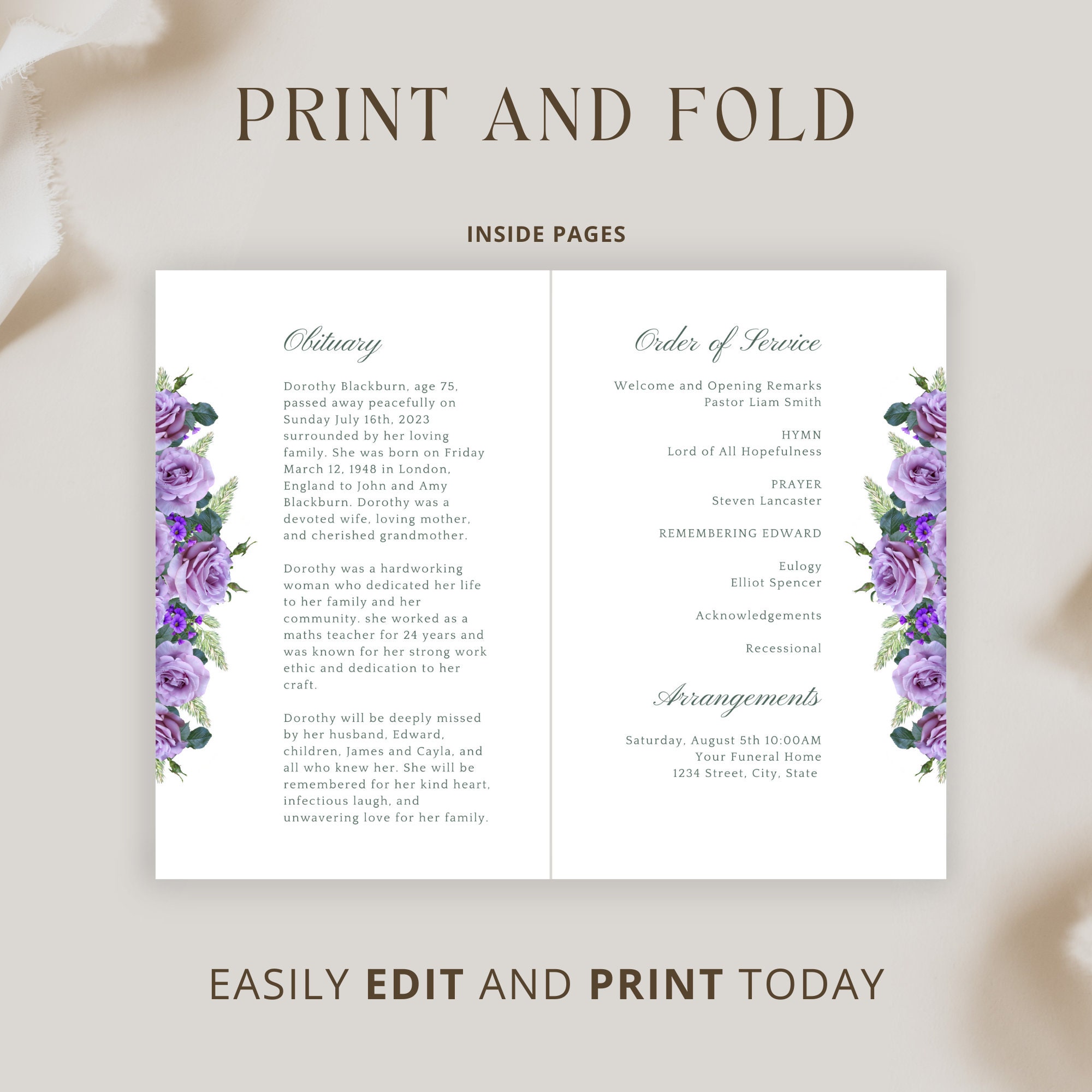 Peony Funeral Program Template, Memorial Service, Obituary Template ...