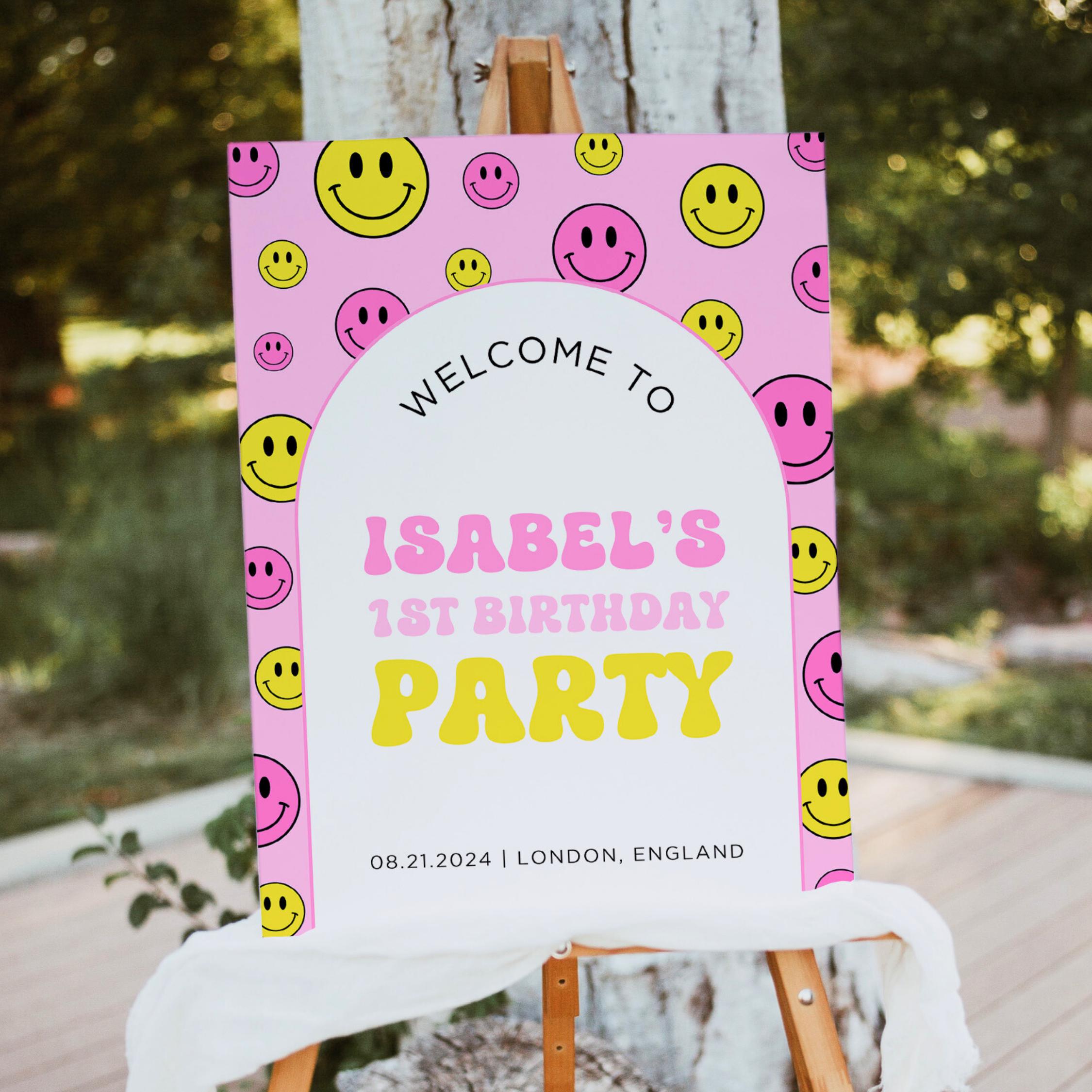 Pastel Pink Birthday Poster, Smiley Face Welcome Sign Template ...