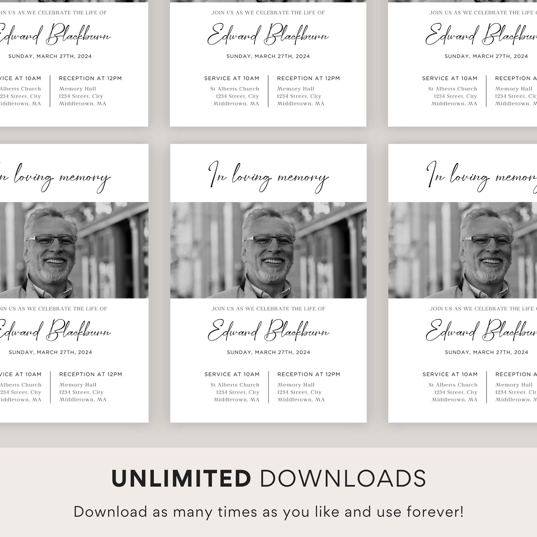 Minimal Funeral Announcement for Man, Memorial Invitation, Printable ...