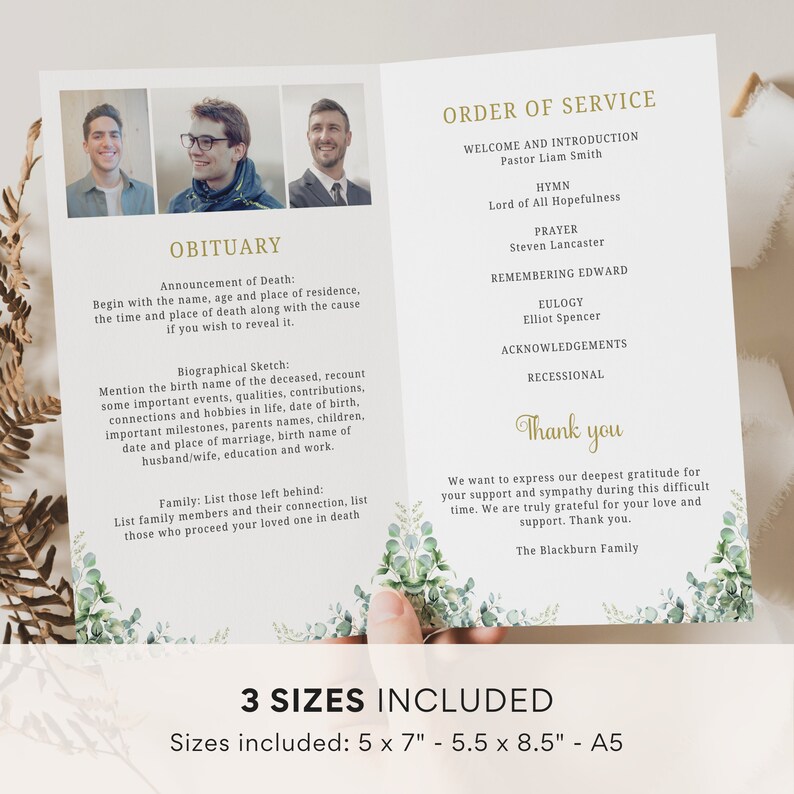 Floral Funeral Program Template for Man, Memorial Service Brochure ...