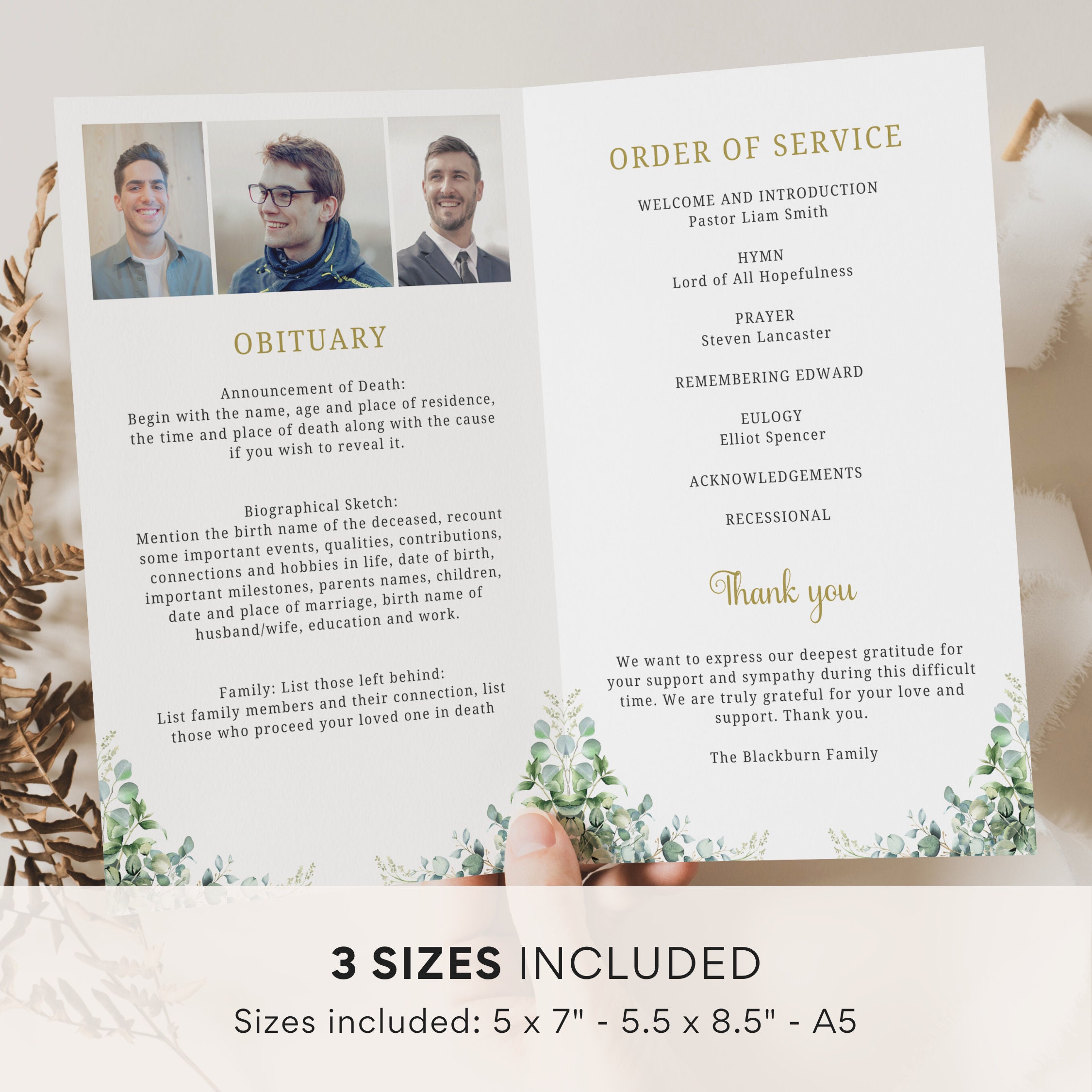 Floral Funeral Program Template for Man, Memorial Service Brochure ...