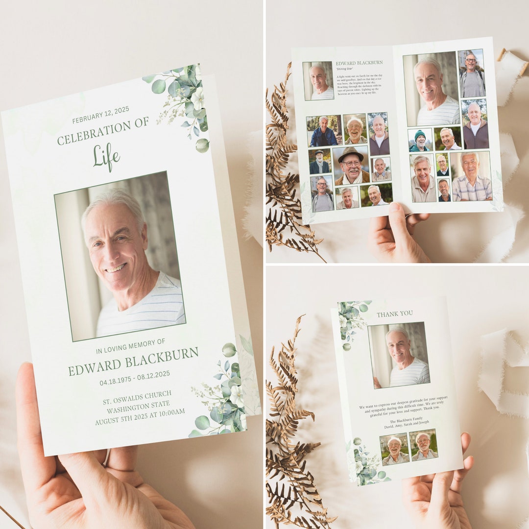 8 Page Funeral Program Template, Eucalyptus Memorial, Floral Obituary ...