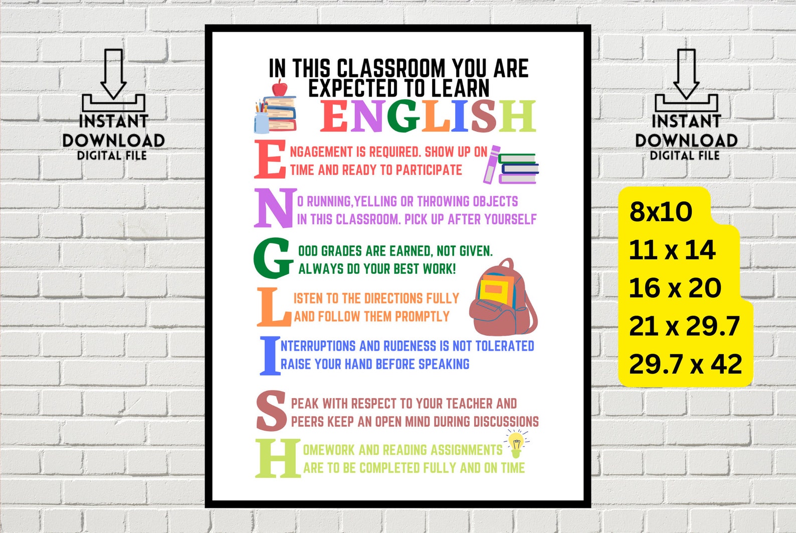 ENGLISH Classroom Poster, English Classroom Decor, Classroom Rules ...