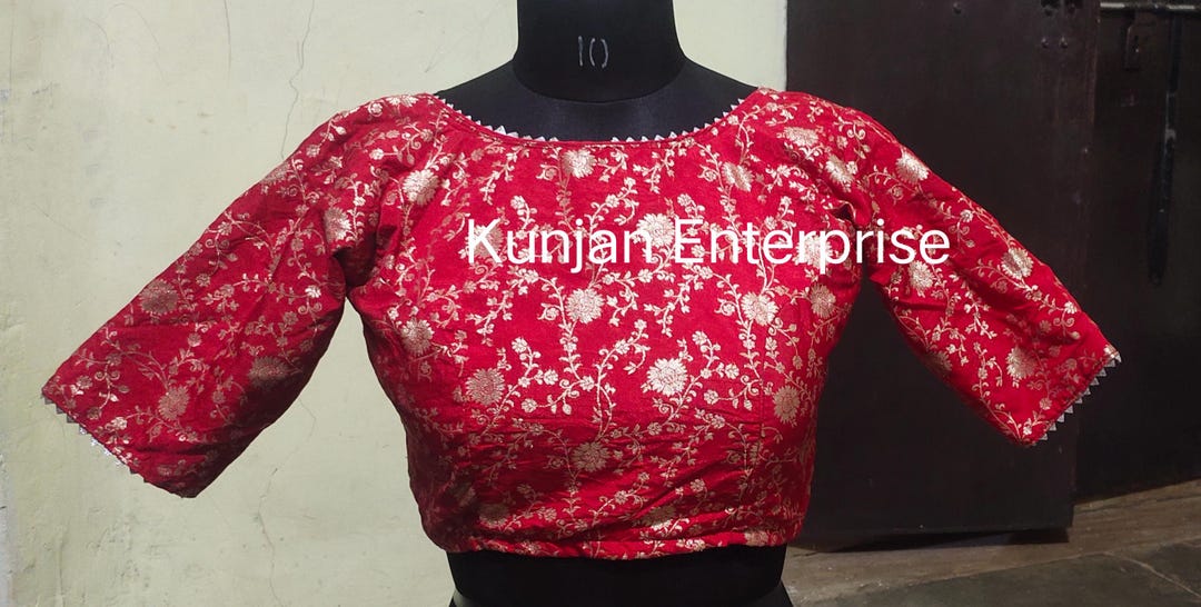 Made to Order Red Brocade Blouse in Front Boat and Back Deep V Neck ...