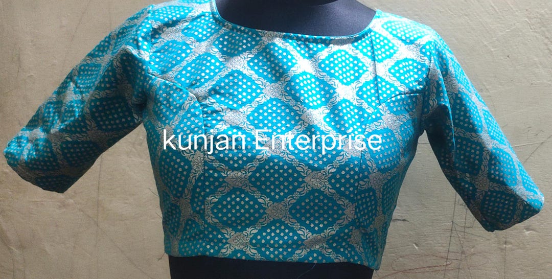 Made to Order Sky Blue Bandhani Print Blouse in Boat Neck and Elbow ...