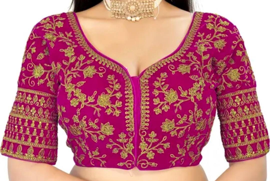 Made to Order Pink Embroidery Work Velvet Blouse in Round Neck and ...