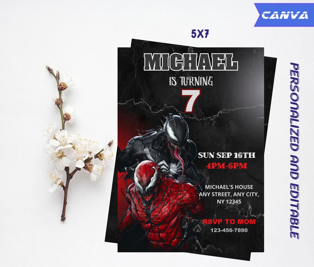 Personalized and Editable Venom Carnage Birthday Invitation | Venom ...