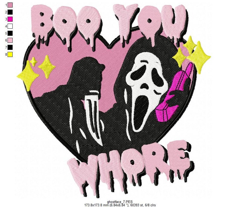 Machine Embroidery Design Ghostface 5 Sizes, BOO YOU, Scream Mask, Pink ...