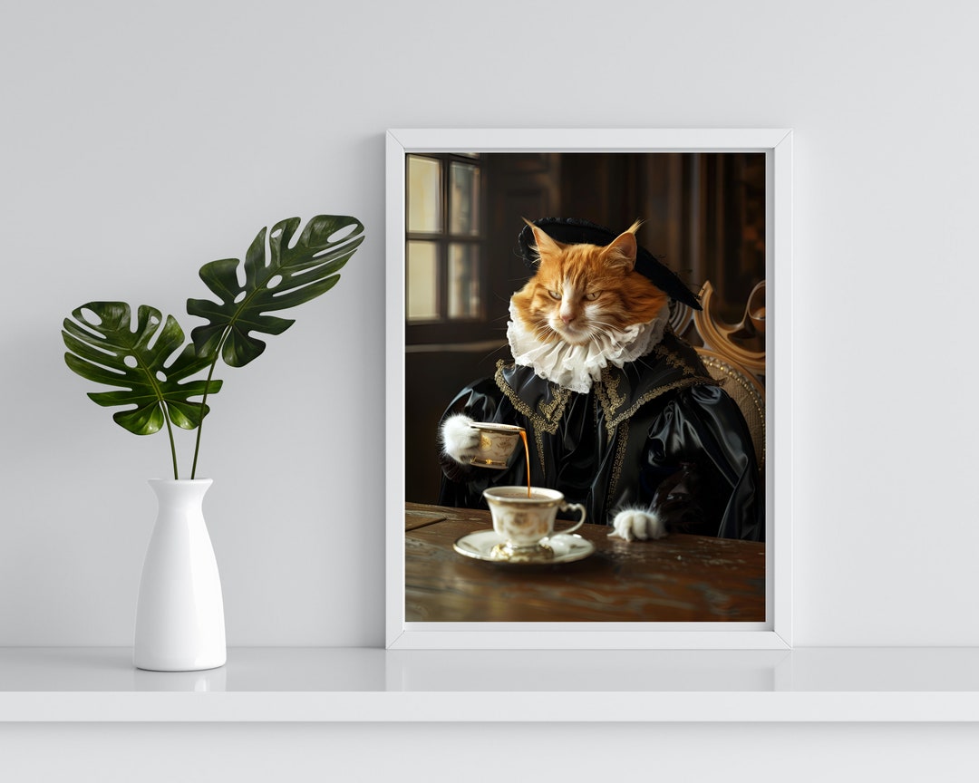 Tudor Cat Drinking Coffee. Coffee Time. Interior Decoration. Kitchen ...