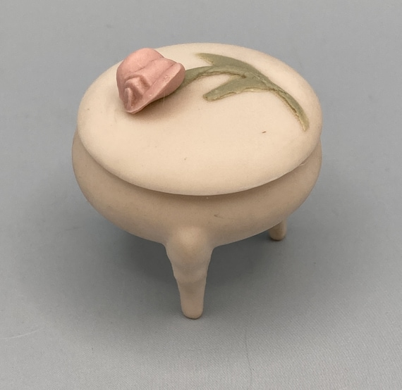 Three Legged Porcelain Bisque Covered Box Trinket Too… - Gem