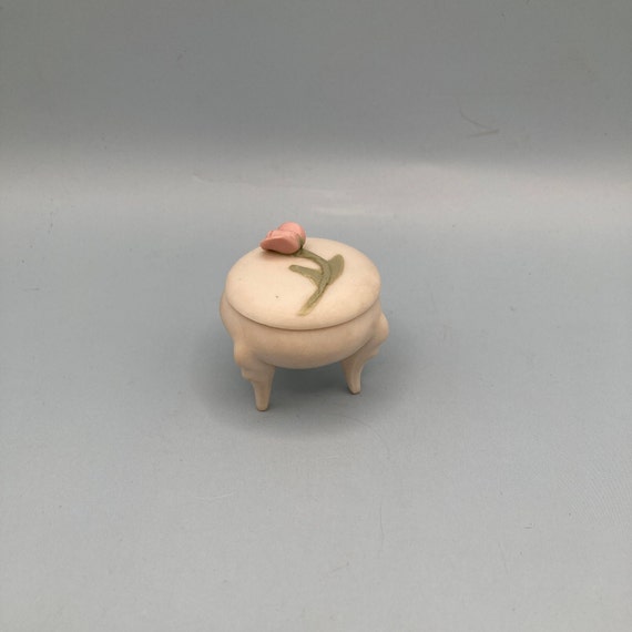 Three Legged Porcelain Bisque Covered Box Trinket Too… - Gem