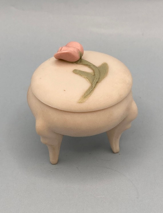 Three Legged Porcelain Bisque Covered Box Trinket Too… - Gem