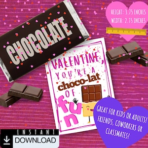 Valentine's Day Gift Tag, You're a Choco-lat of Fun, Kids School Treat ...