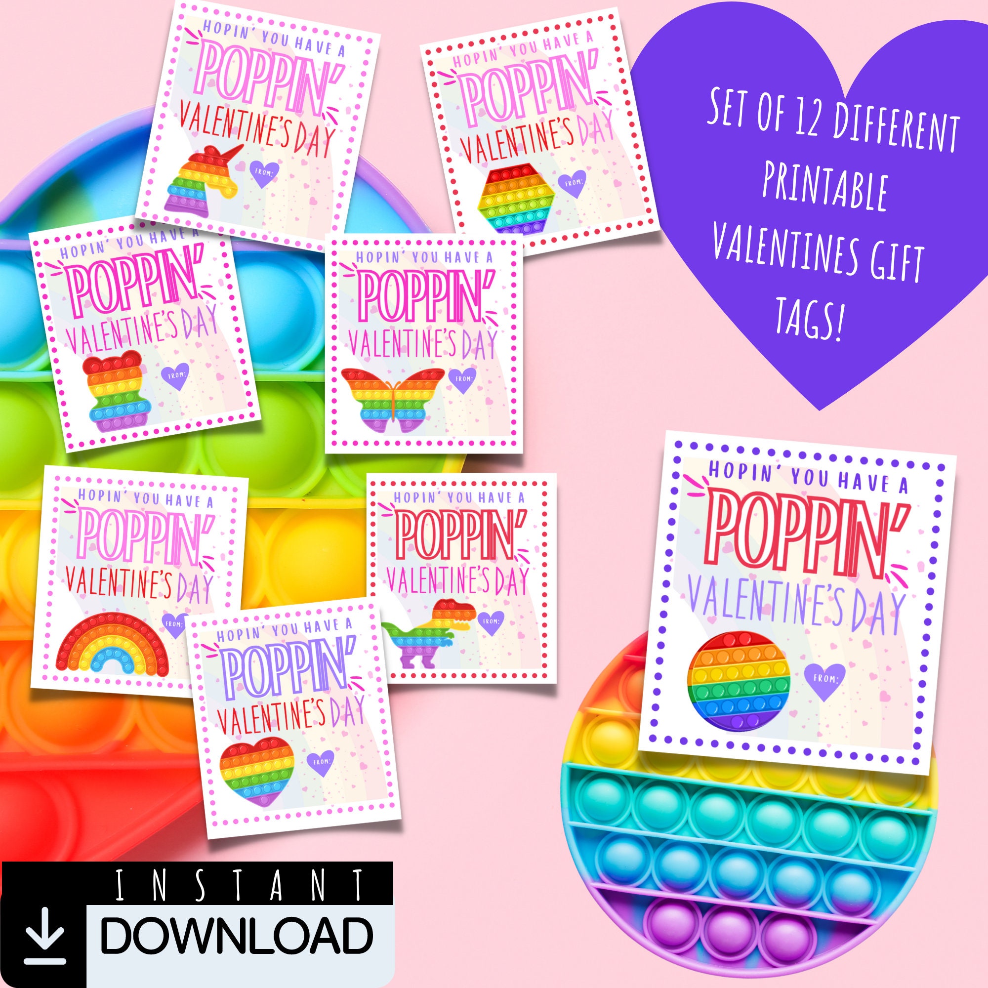 Non-candy Printable Pop-it Valentine Set of 12 Different Designs, Pop ...