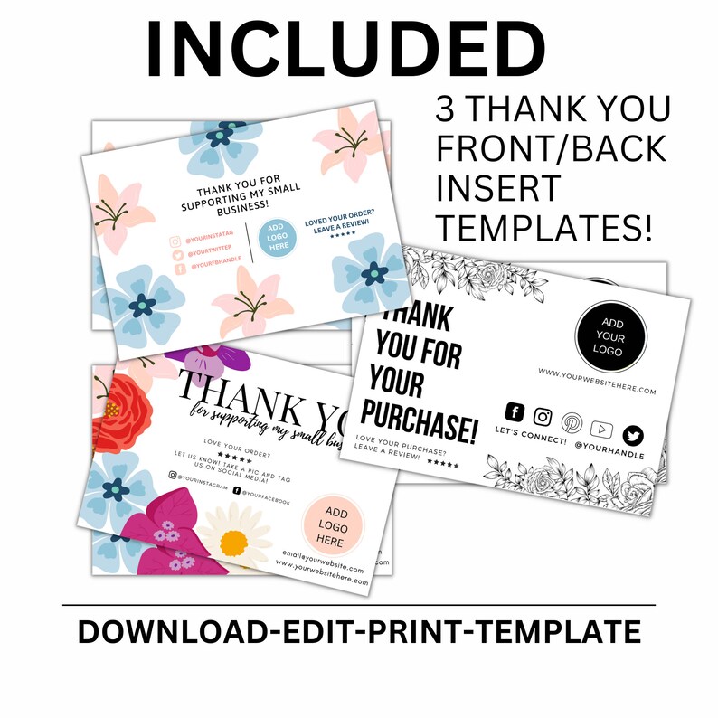 3 Front/back Thank You Business Templates! Resale Thank You Cards ...