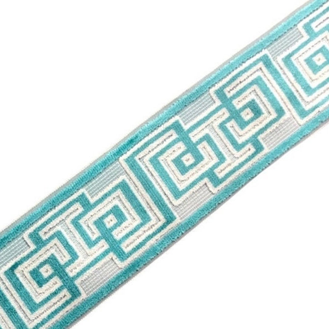 Designer Trim by the Yard Greek Key Chain Link Print Velvet 3.5” Teal ...