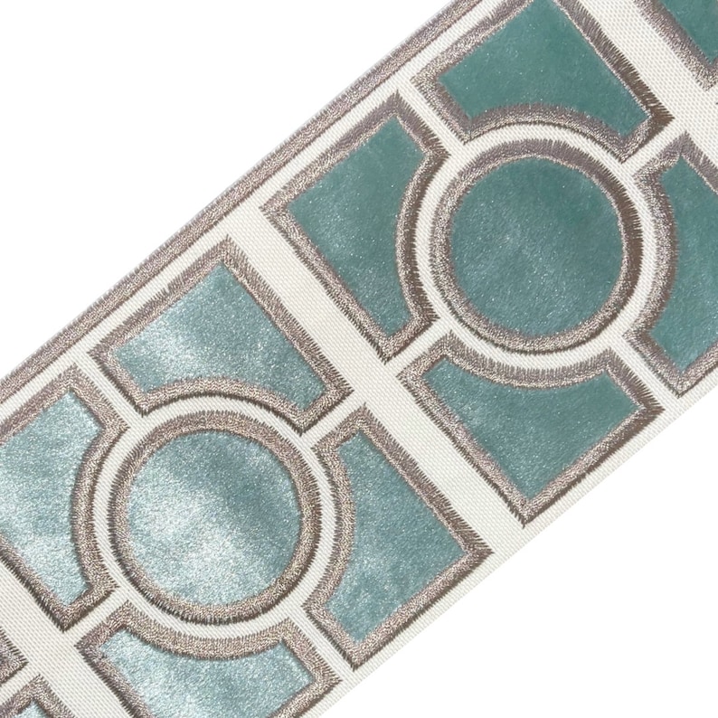 Designer Trim by the Yard Fretwork Print 3.5" Aqua Mist Taupe off White ...