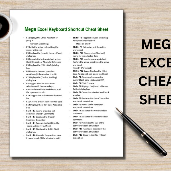 Excel Cheat Sheet - Etsy