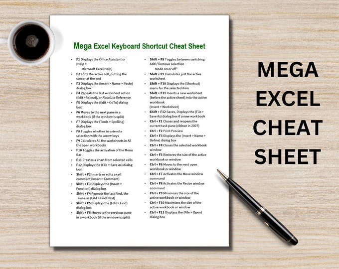 Mega Excel Keyboard Cheat Sheet, Excel Shortcut Reference List ...