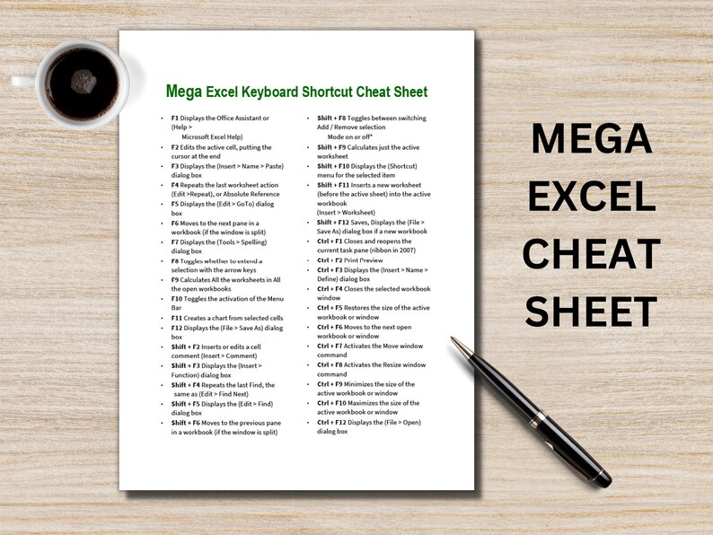 Mega Excel Keyboard Cheat Sheet Excel Shortcut Reference - Etsy UK