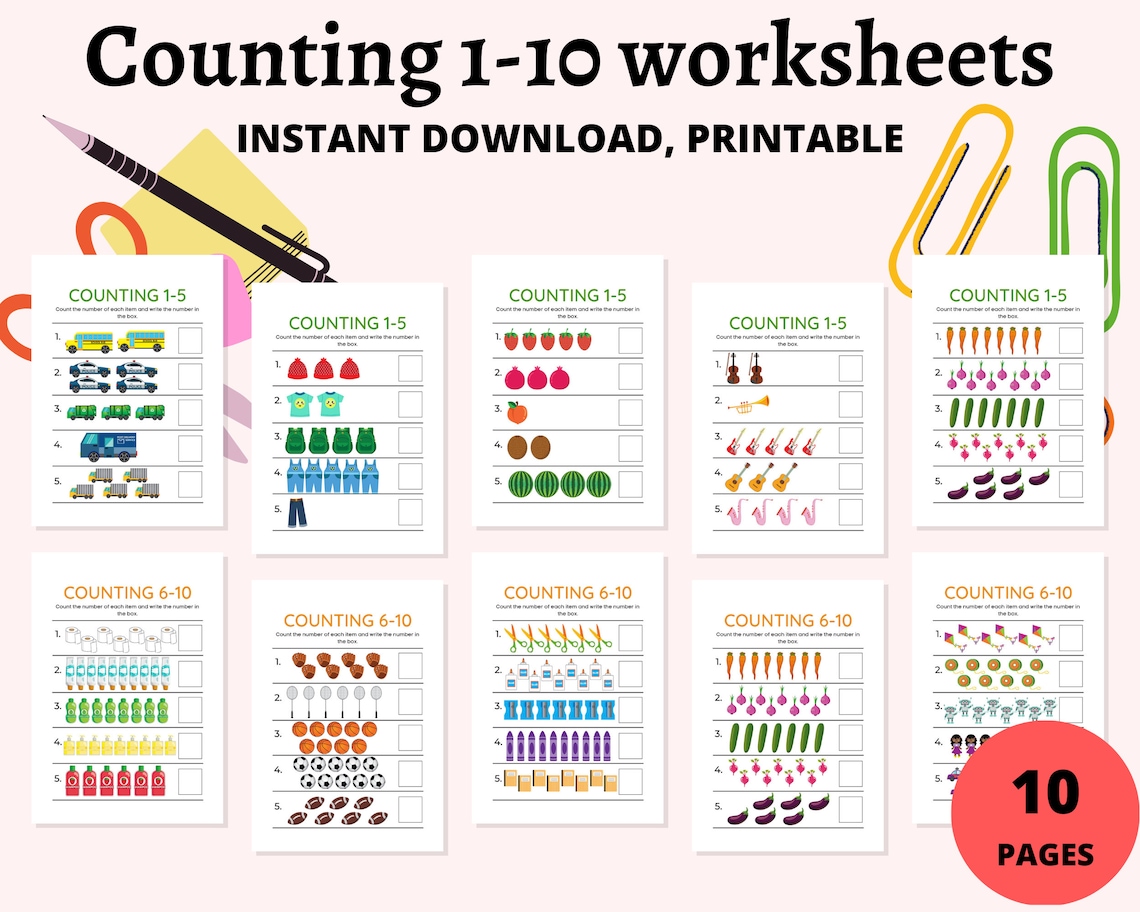 Counting 1-10 Worksheets, Preschool Counting Printable, Kindergarten ...