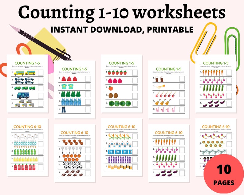 Counting 1-10 Worksheets, Preschool Counting Printable, Kindergarten ...