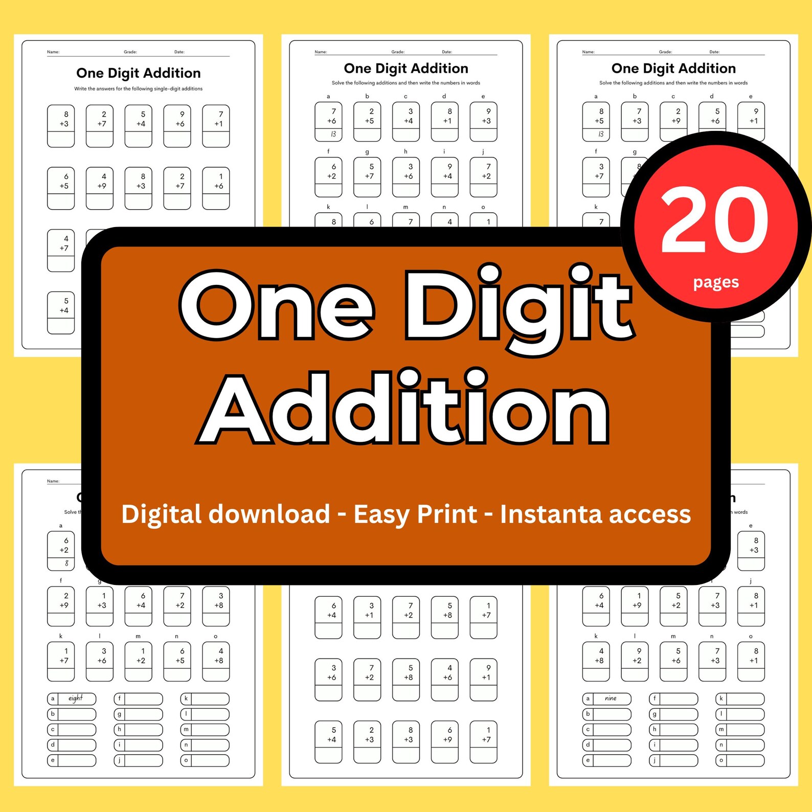 One Digit Addition Worksheet | Digital Download | Writing Practice ...