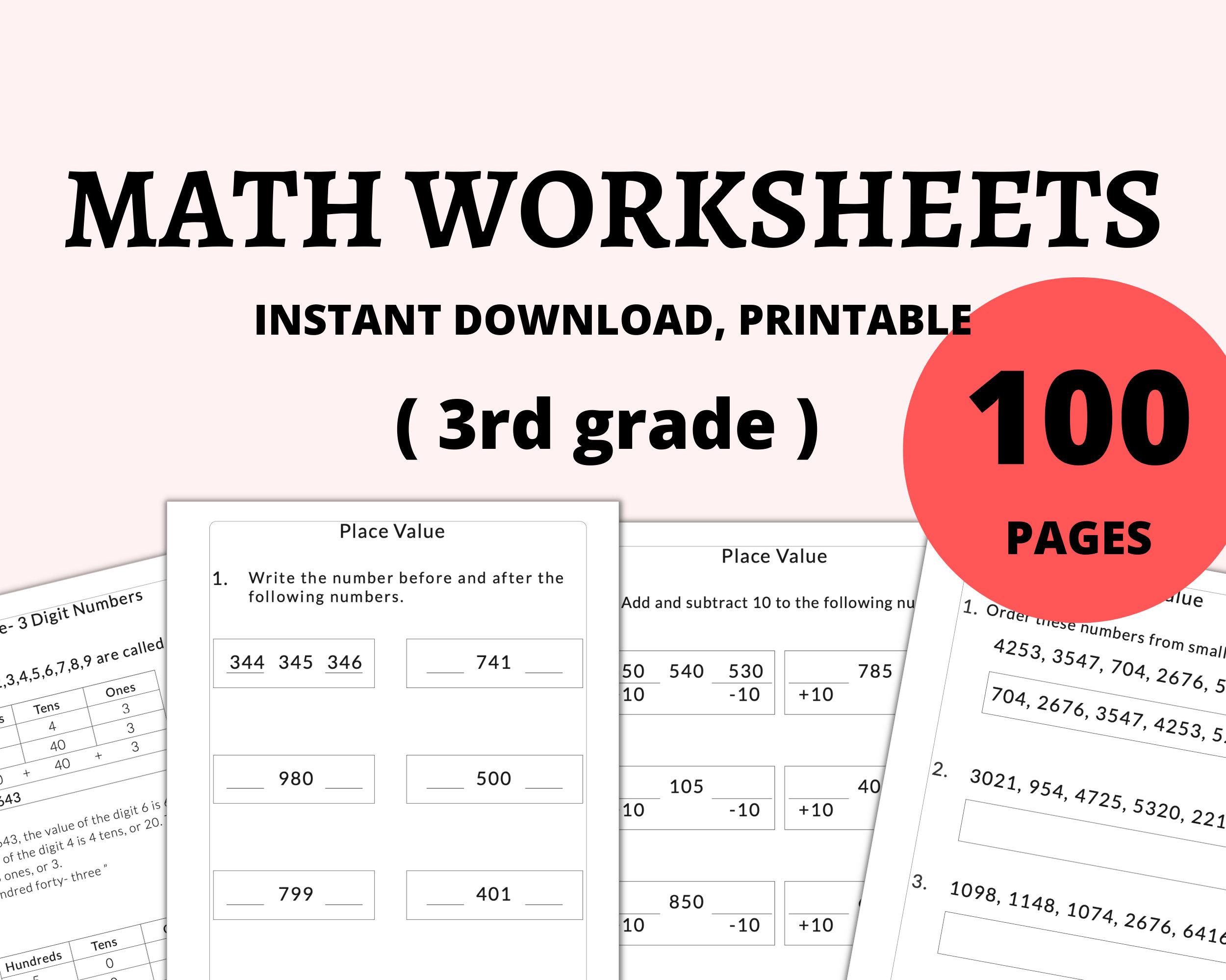 3rd Grade Math Worksheets | 100 Pages | Instant Download | PRINTABLE ...