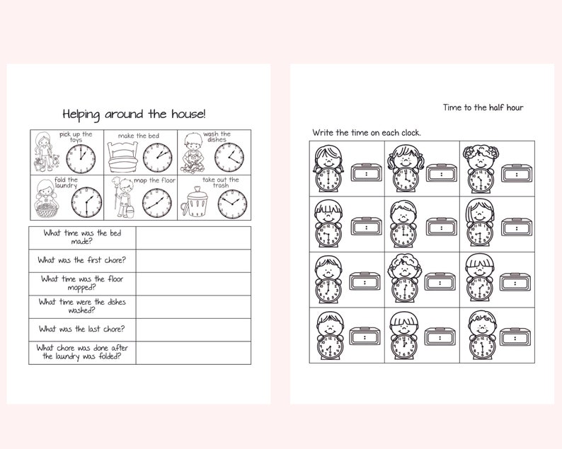 50 Telling Time Printables, Clock Worksheets, Learning Activity Book ...