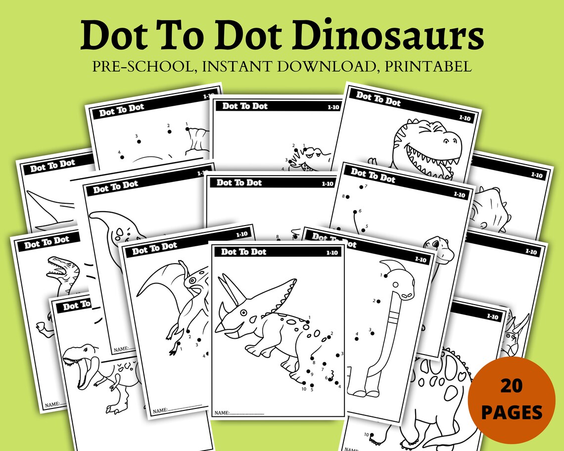 20 Printable Dinosaurs Dot to Dot Coloring Pages, Activities for Kids 0 ...