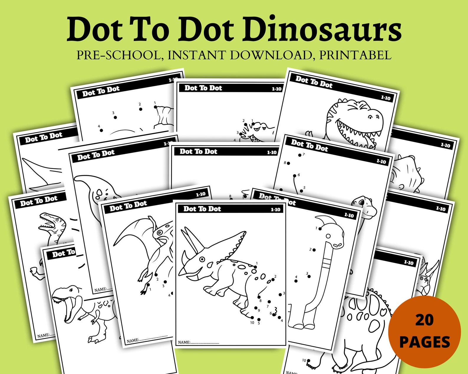 20 Printable Dinosaurs Dot to Dot Coloring Pages, Activities for Kids ...