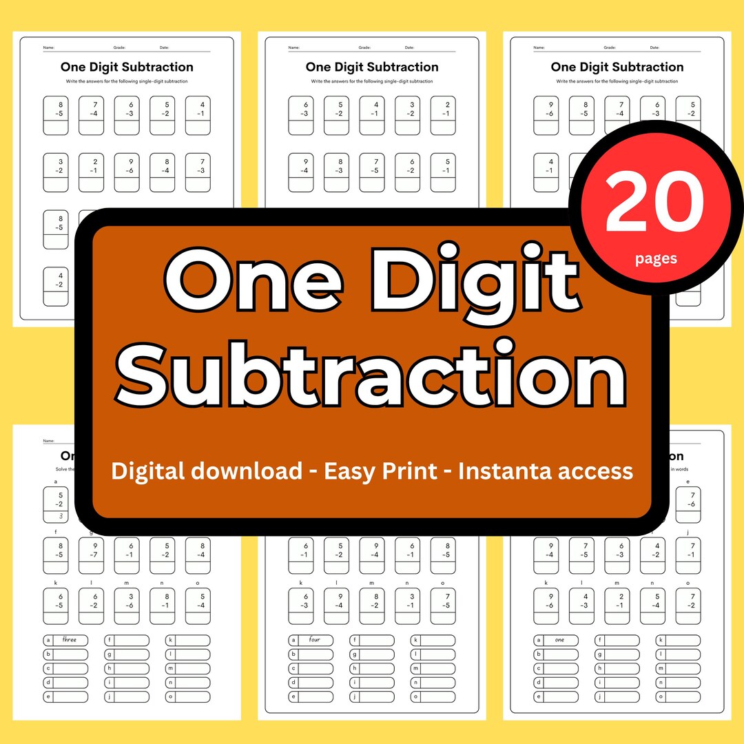 One Digit Subtraction Worksheet | Digital Download | Writing Practice ...