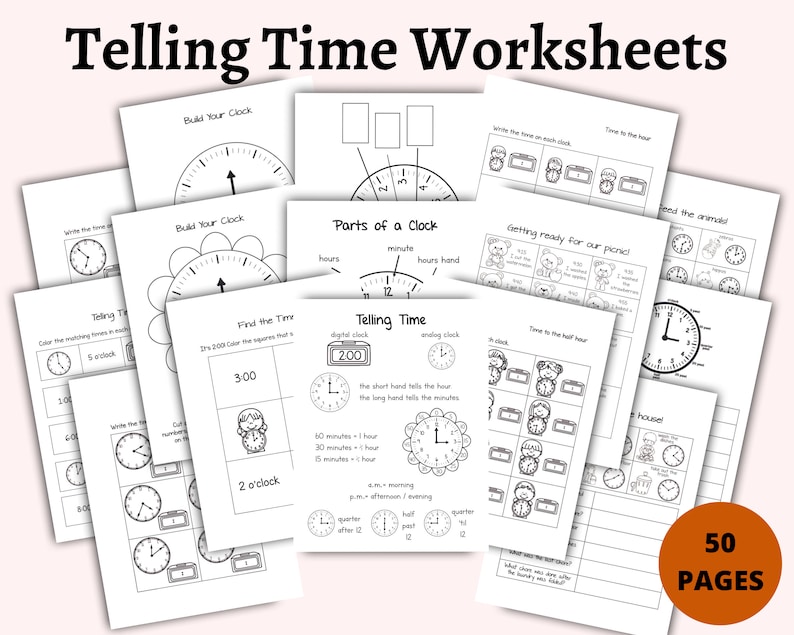 50 Telling Time Printables, Clock Worksheets, Learning Activity Book ...