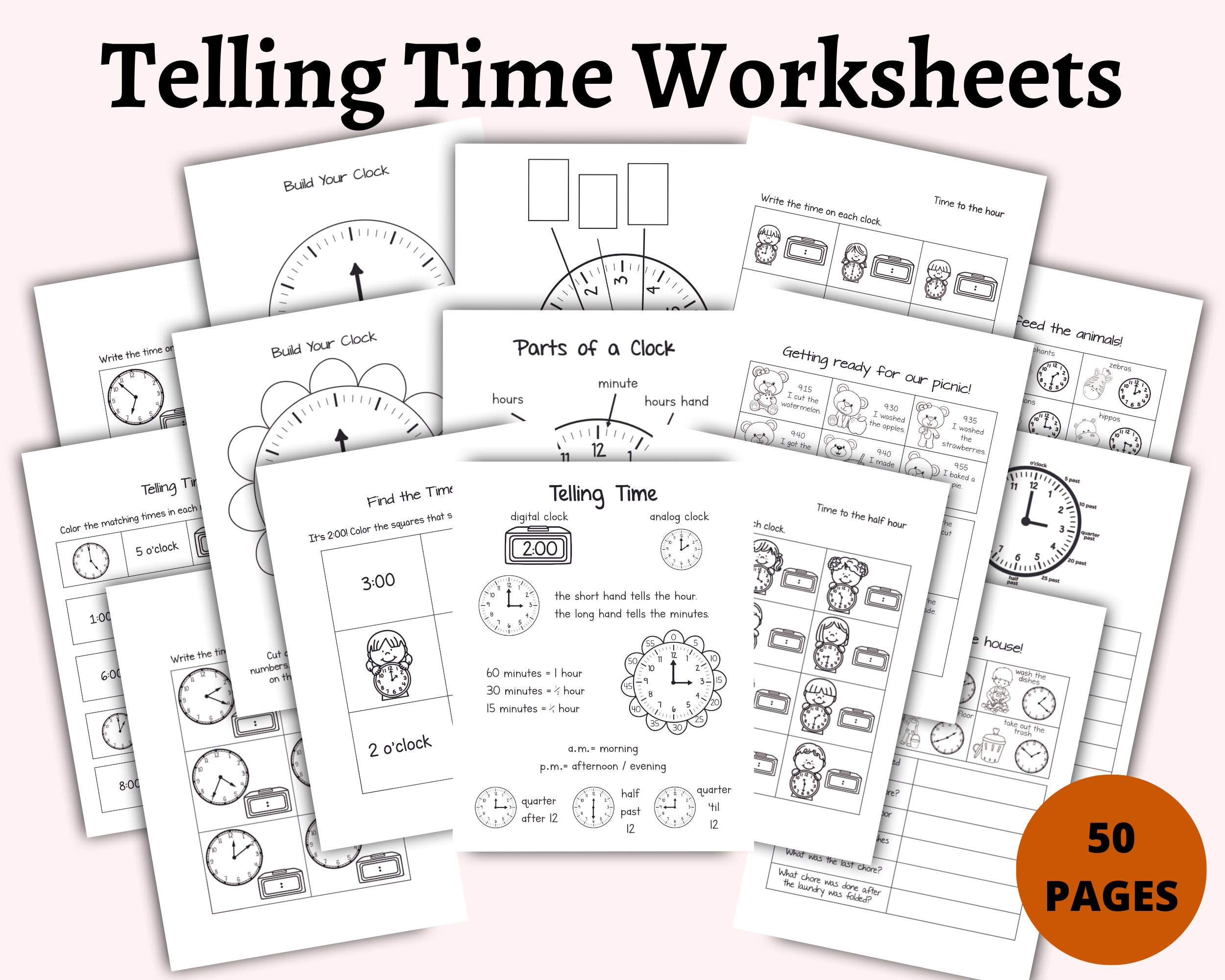 50 Telling Time Printables Clock Worksheets Learning Activity Book