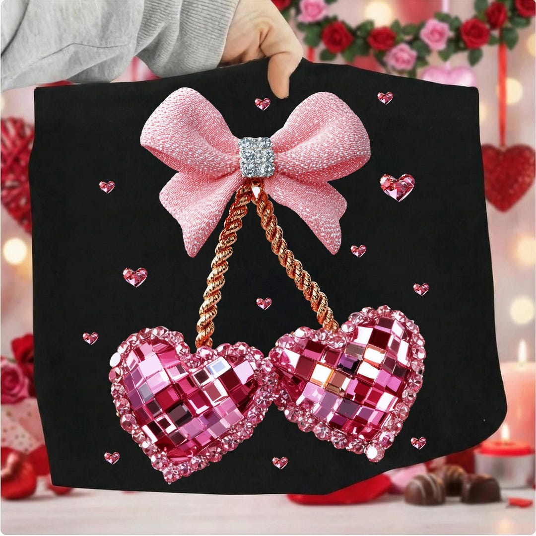 Valentines Day Cherry Heart PNG: Pink Yarn Sparkle Rhinestone Jeweled ...