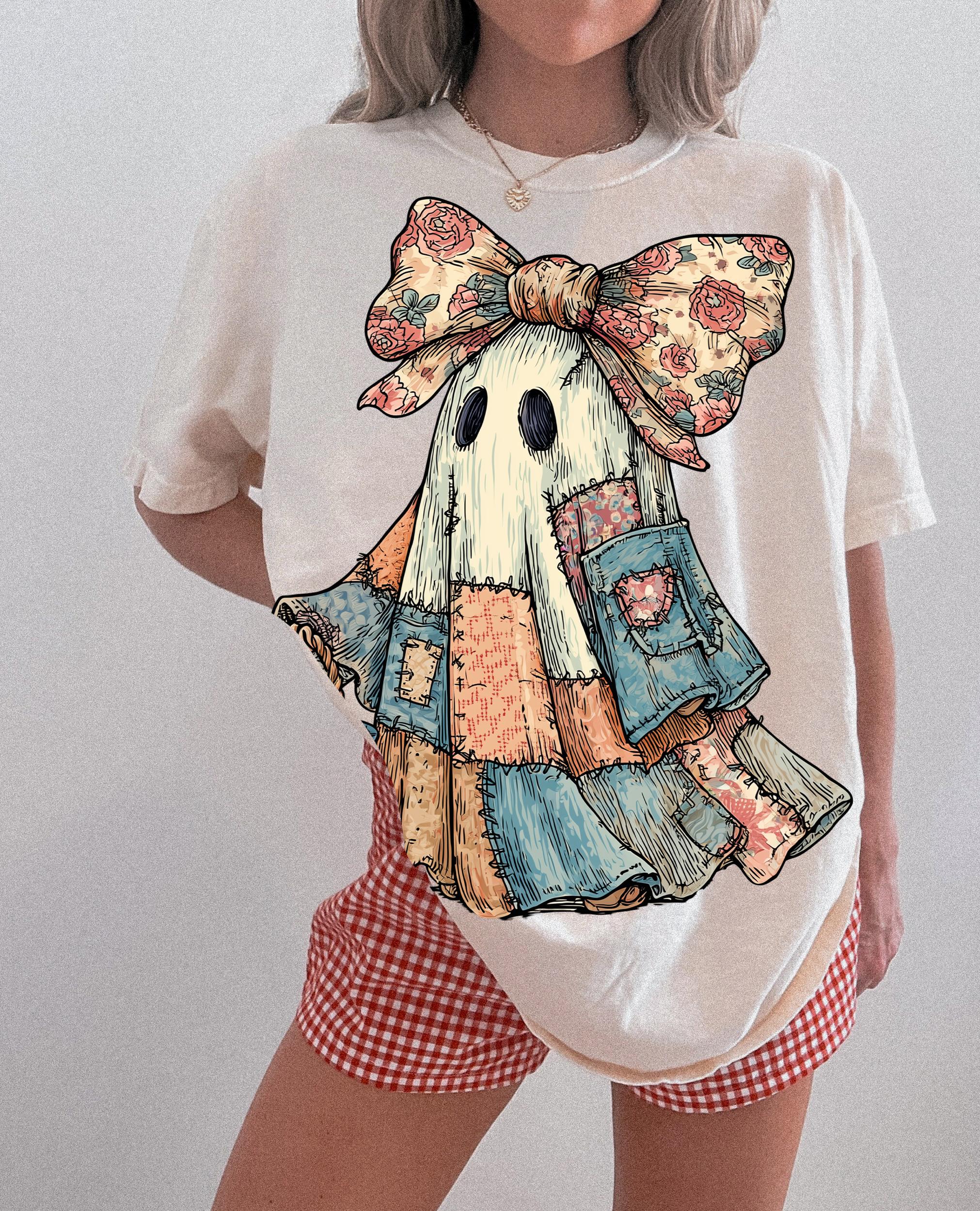 Retro Halloween Blue Denim Ghost Png, Trendy Patchwork Spooky Ghost Png ...