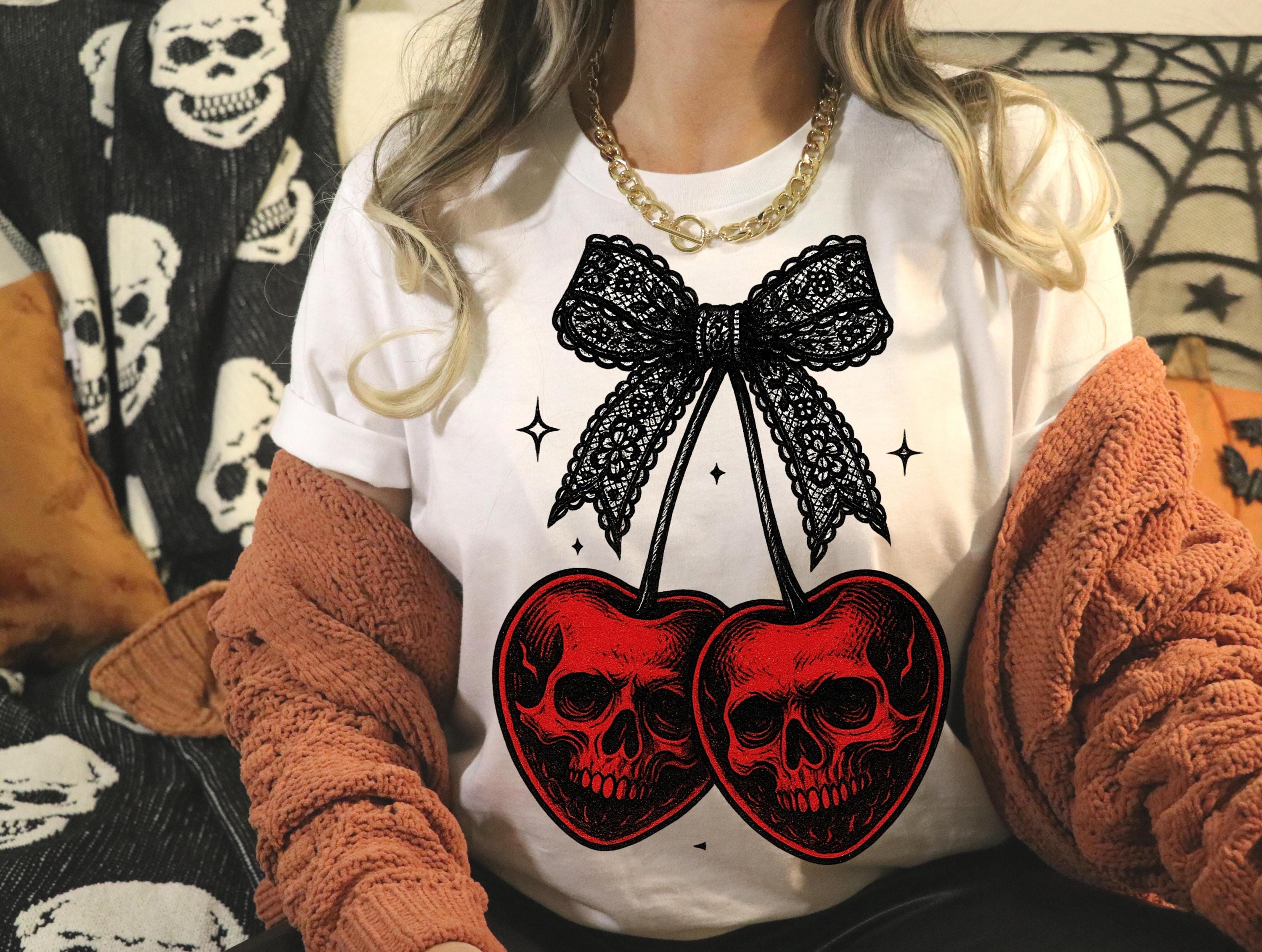 Gothic Skull Cherry PNG, Dark Aesthetic Cherry Skulls With Lace Bow ...