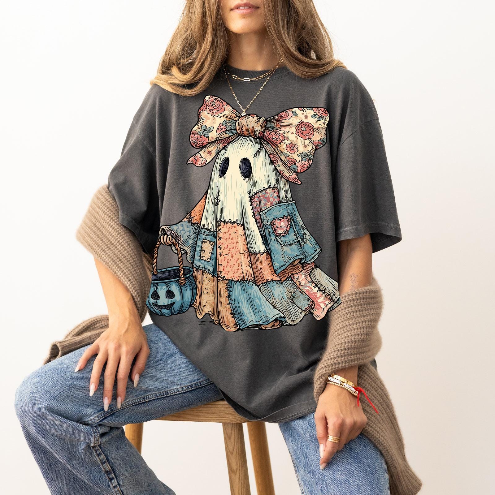 Retro Halloween Blue Denim Ghost Png, Trendy Patchwork Spooky Ghost Png ...
