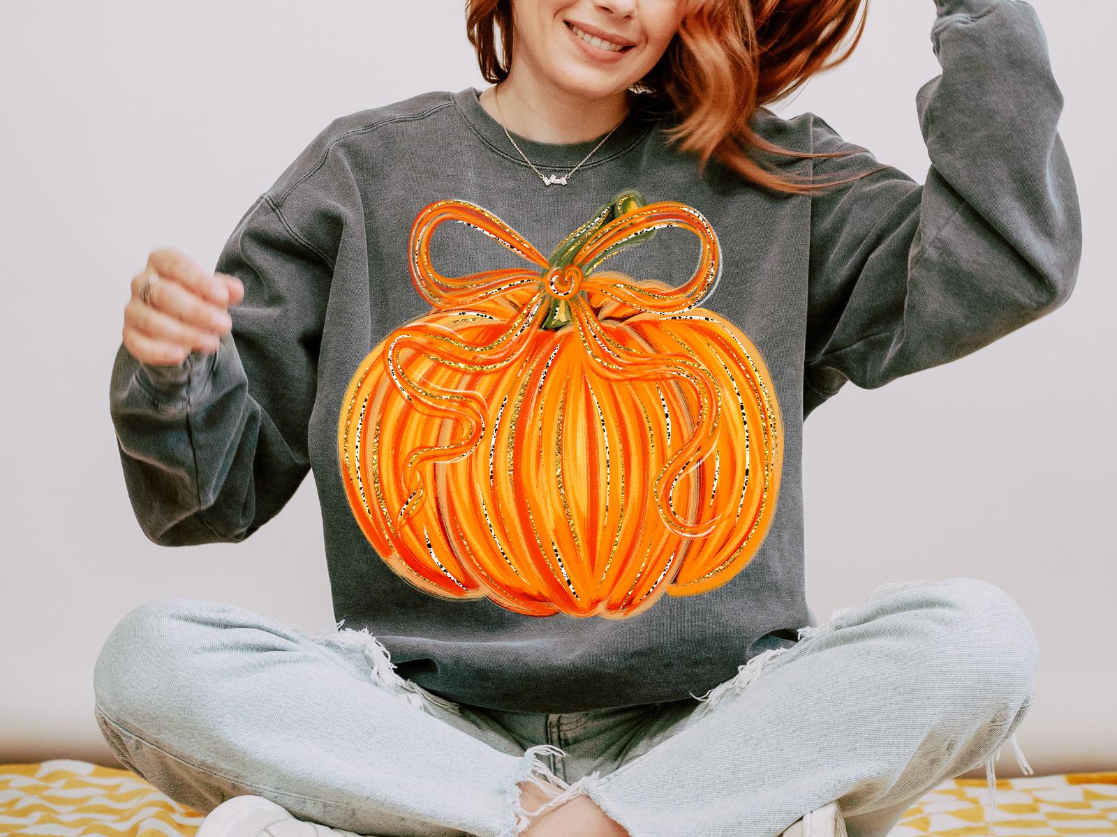Glitter Bow Pumpkin Clipart PNG, Handdrawn Brushstroke Fall Pumpkin ...