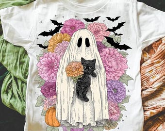 Retro Halloween Ghost and Cat Png, Spooky Ghost Png, Preppy Floral ...