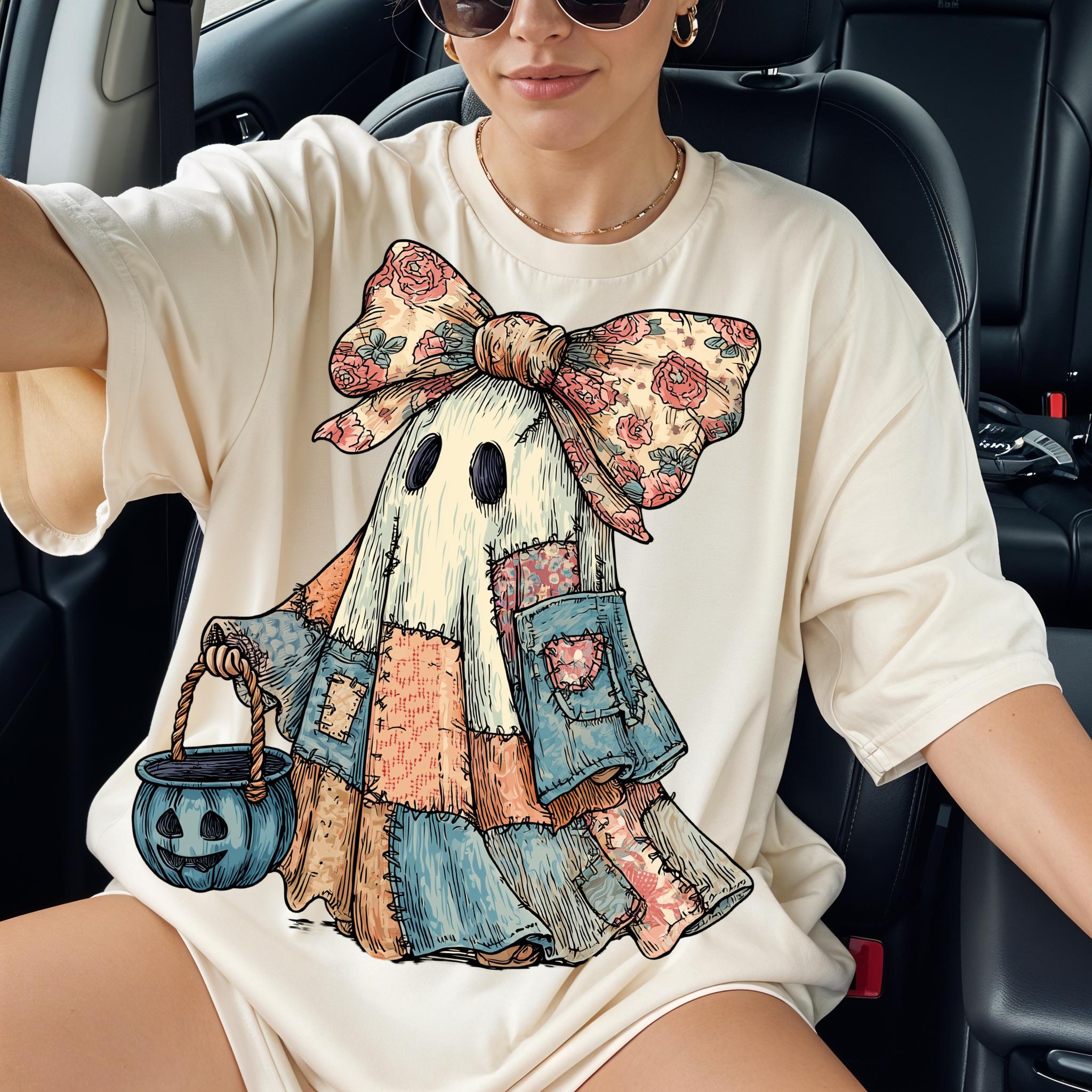 Retro Halloween Blue Denim Ghost Png, Trendy Patchwork Spooky Ghost Png ...
