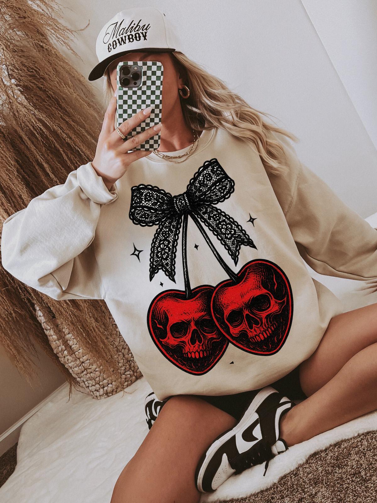 Gothic Skull Cherry PNG, Dark Aesthetic Cherry Skulls With Lace Bow ...