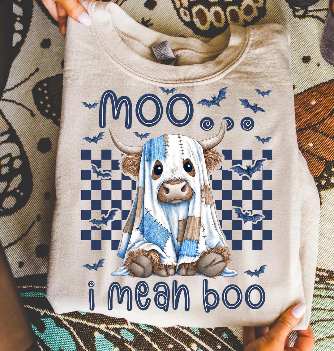 Retro Moo I Mean Boo Png, Blue Denim Boo Cow Halloween Png, Patchwork ...