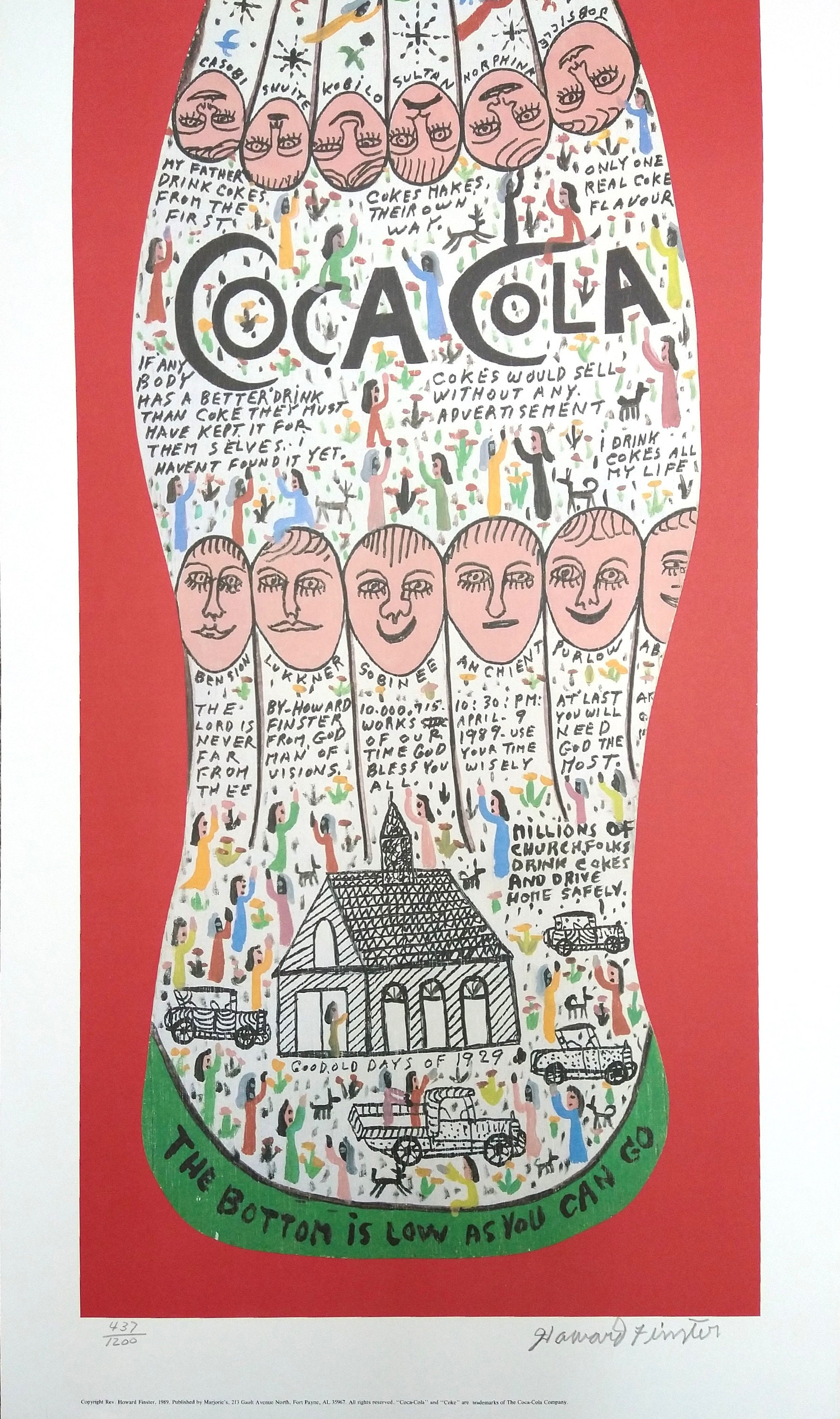 Signed HOWARD FINSTER Folk Art Coca-cola Lithograph Unframed 437/1200 ...