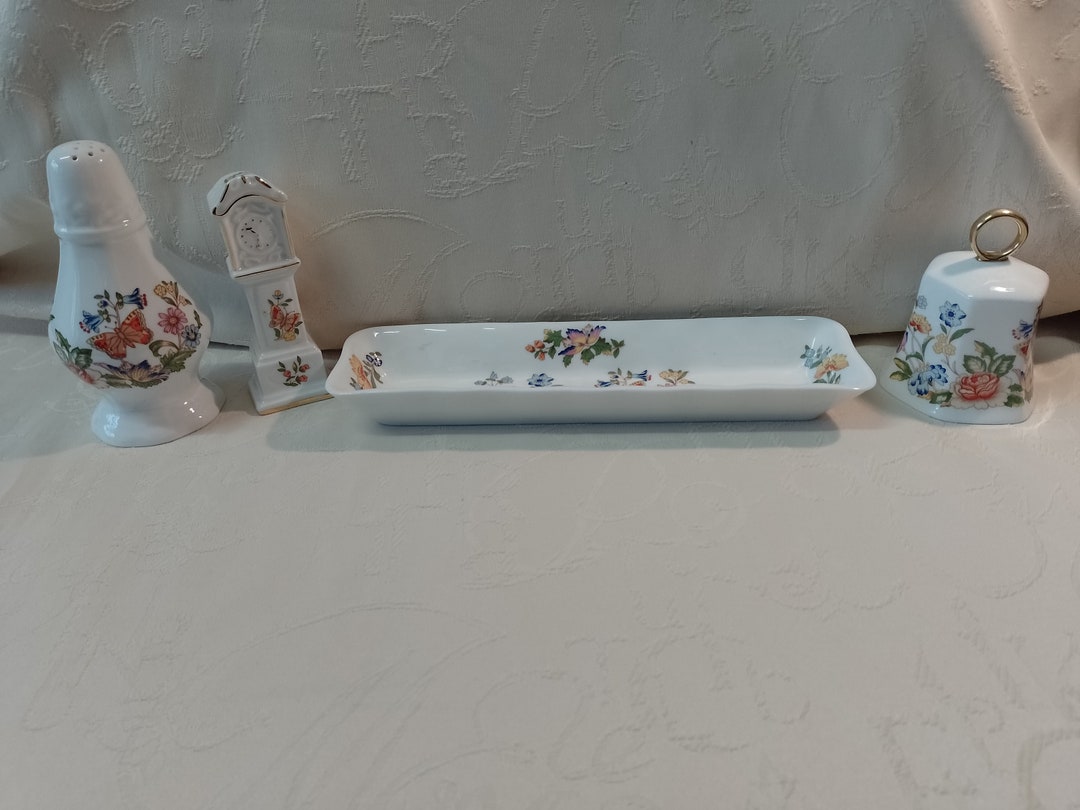 4 AYNSLEY COTTAGE GARDEN Pieces. Clock, Pen Tray, Bell and Salt Shaker ...