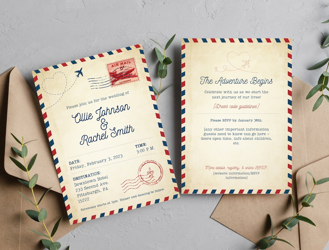 Airmail Vintage Travel Theme Printable Wedding Invitation - Etsy