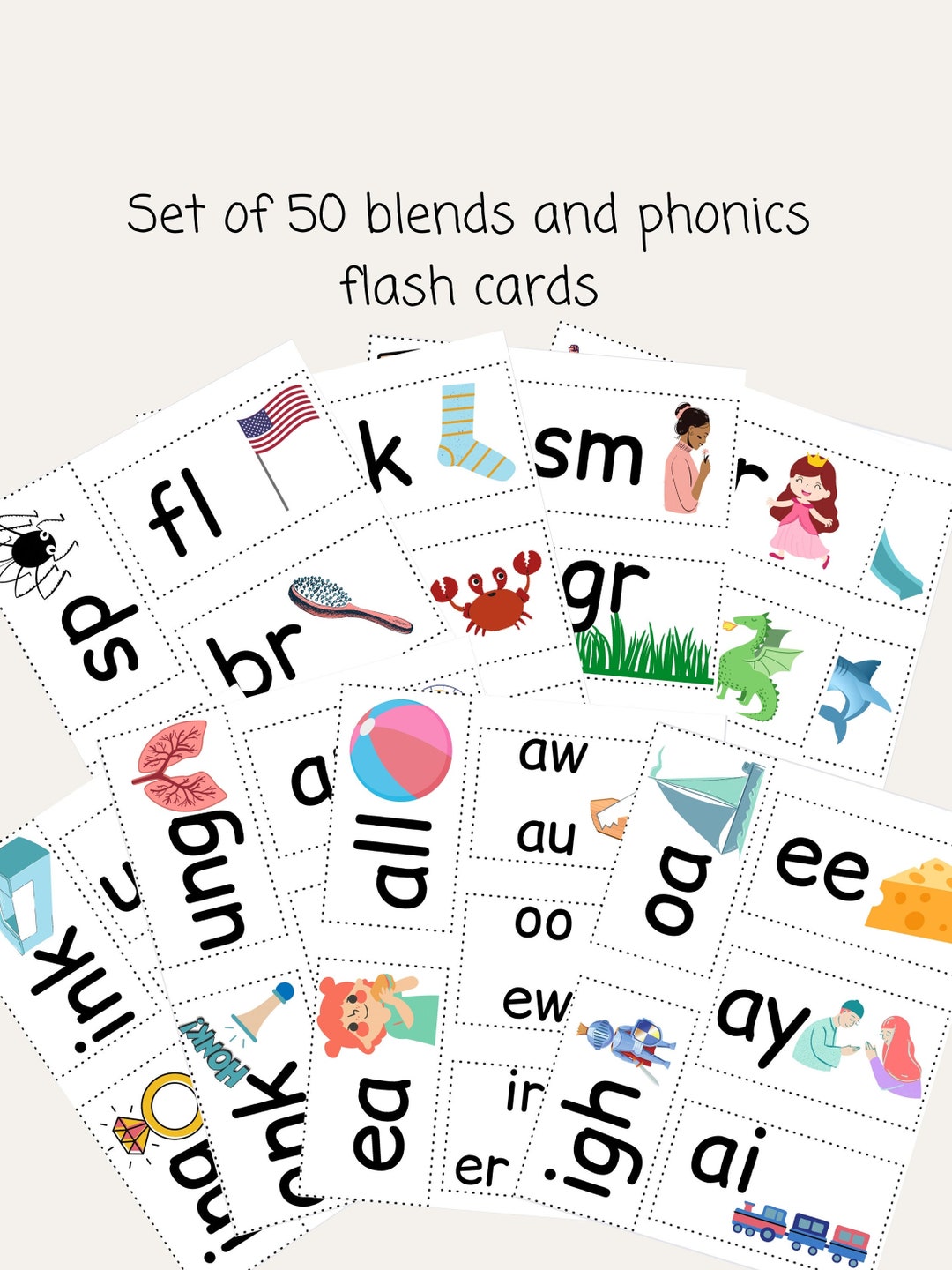 Set of 50 Blends and Phonics Flashcards - Etsy