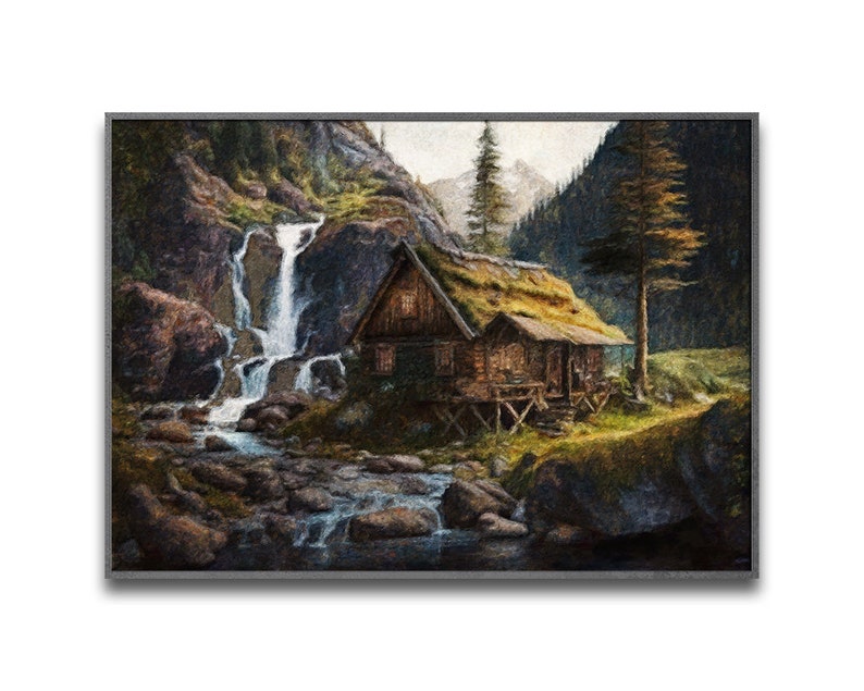 Waterfall Cabin Painting of Cabin Beside River Stream Forest - Etsy