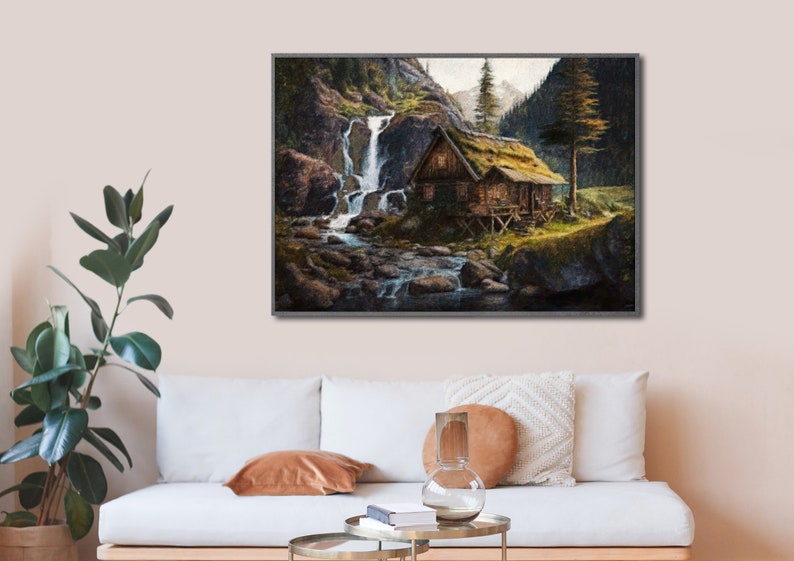 Waterfall Cabin Painting of Cabin Beside River Stream Forest - Etsy
